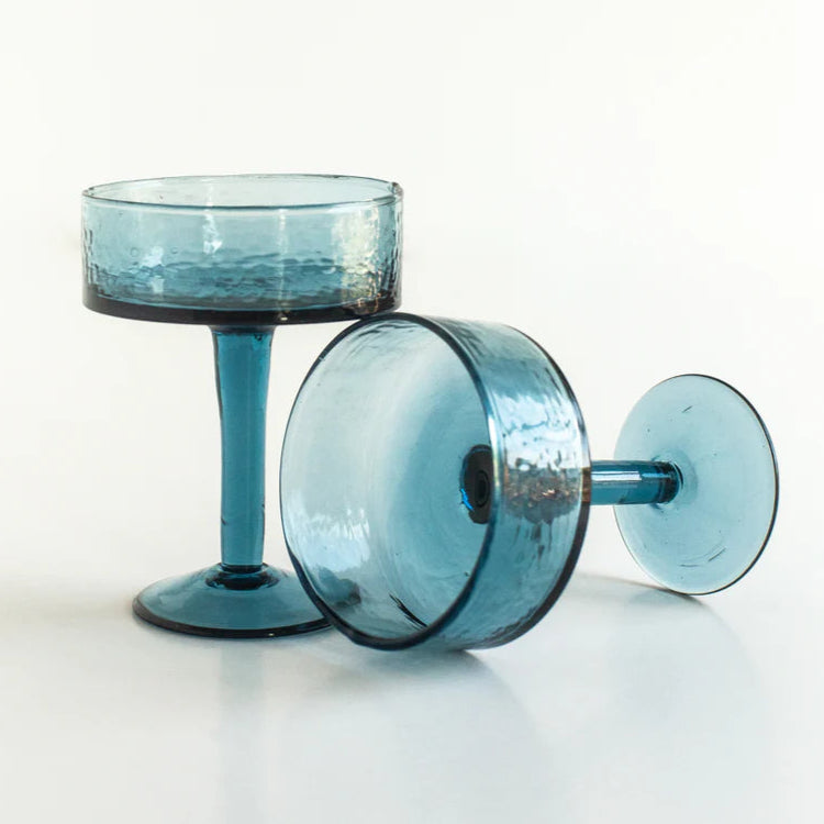 Set of 2 Blue Coupe Cocktail Glasses - Handblown Recycled Glass – By a ...