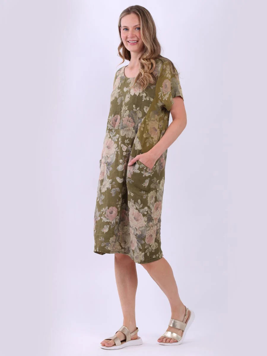 Olive Floral Print 100% Linen Dress with Pockets – By a Farmer's Daughter