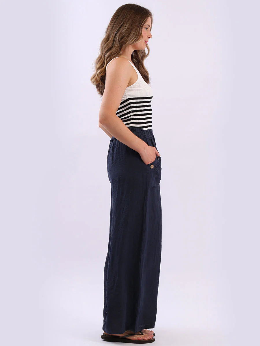 Navy Linen Wide Leg Palazzo Pant with Side Buttoned Pockets – By a ...