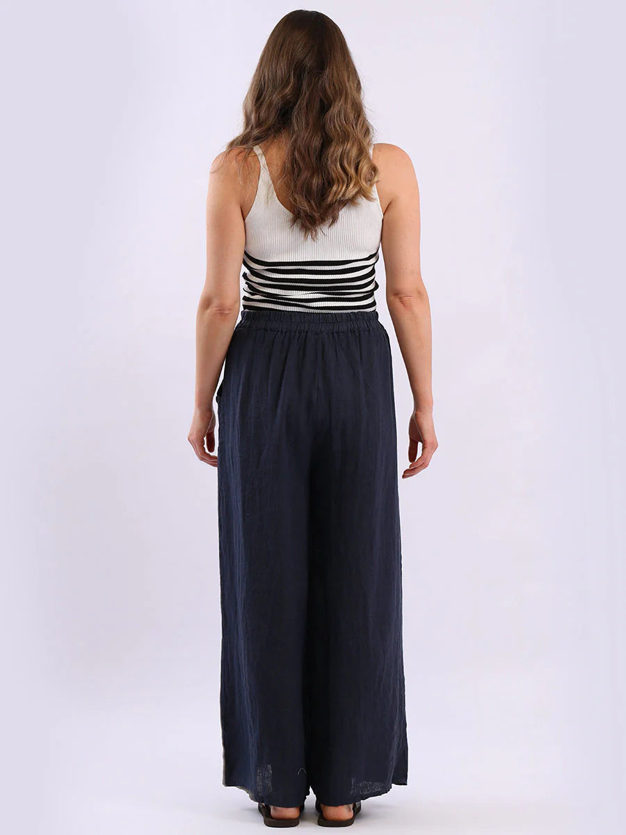 Navy Linen Wide Leg Palazzo Pant with Side Buttoned Pockets – By a ...